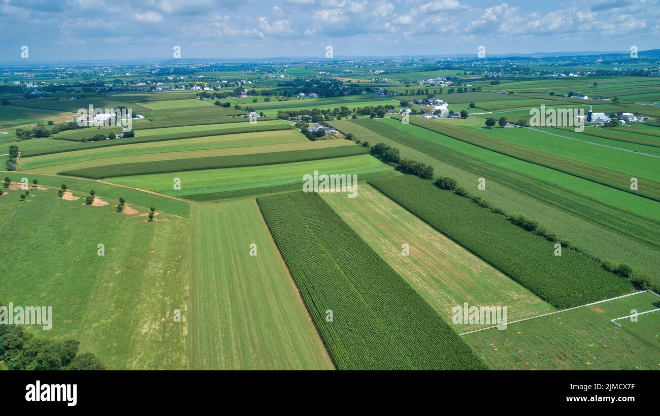 Aerial view of farm lands in summer with blue skies and white fluffy ...