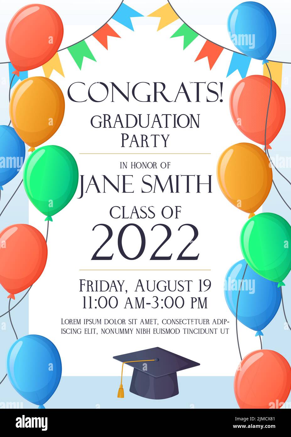 Graduation party invitation 2022 funny card. Sky with balloons Stock ...