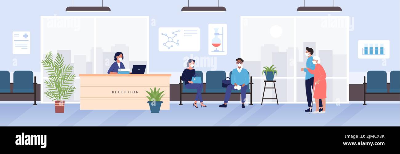 Hospital lobby with receptionist at reception counter and patients in ...