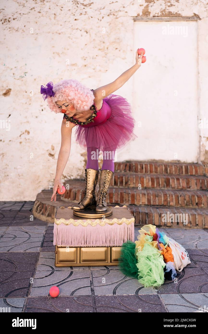 Full body of middle aged female clown in funny outfit and pink curly ...