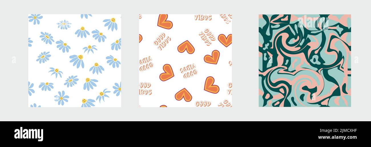 Set of retro 1970s seamless pattern. Floral, swirl, mushrooms, peace ...