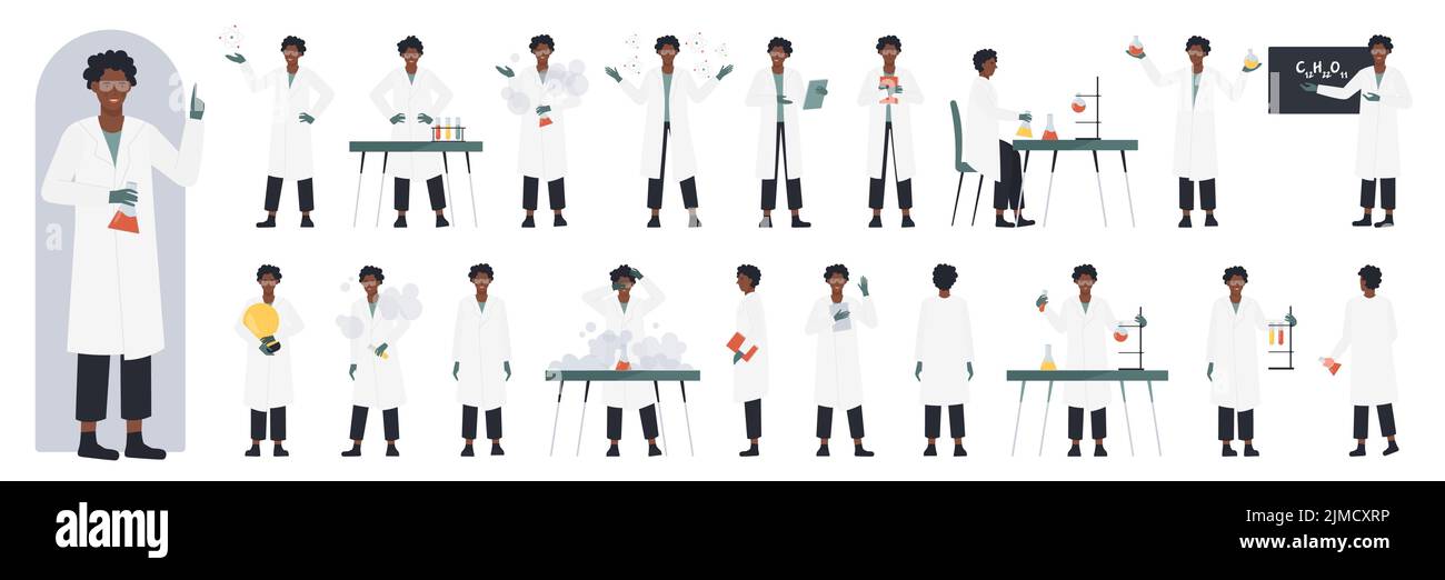 African american black Scientist character in research poses, side ...