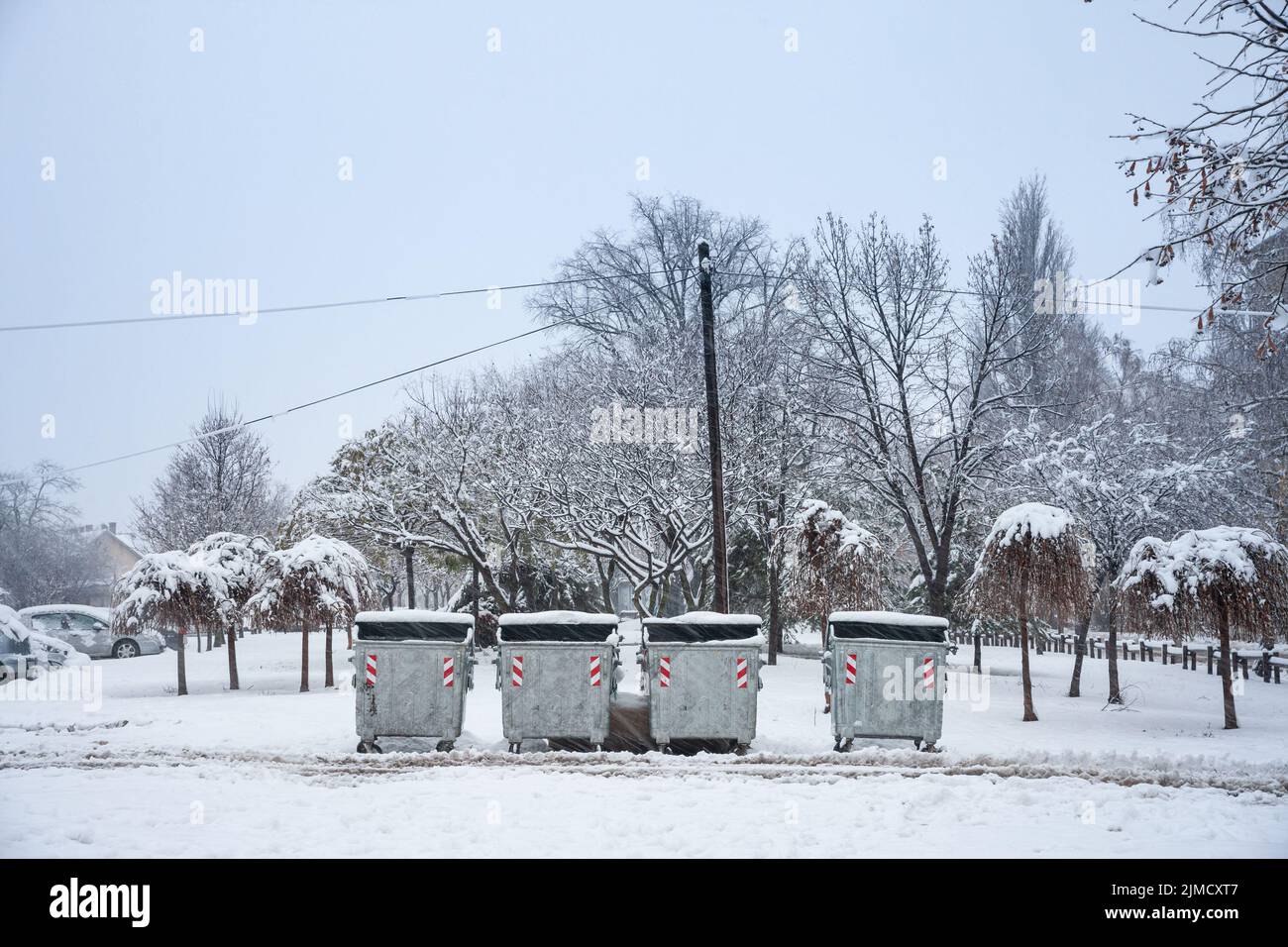 Picture of garbage containers in belgrade, serbia, empty, in a snow ...
