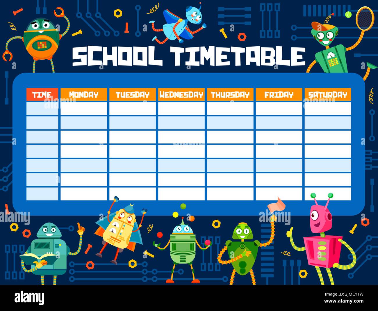Timetable schedule. Cartoon funny robots on school timetable, education ...