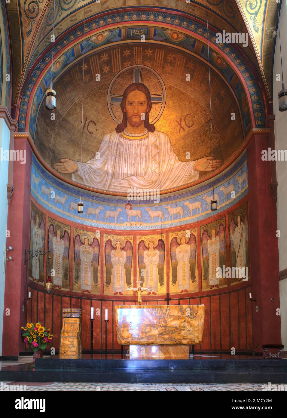 Monumental mural on gold ground, Christ figure in the apse above the ...