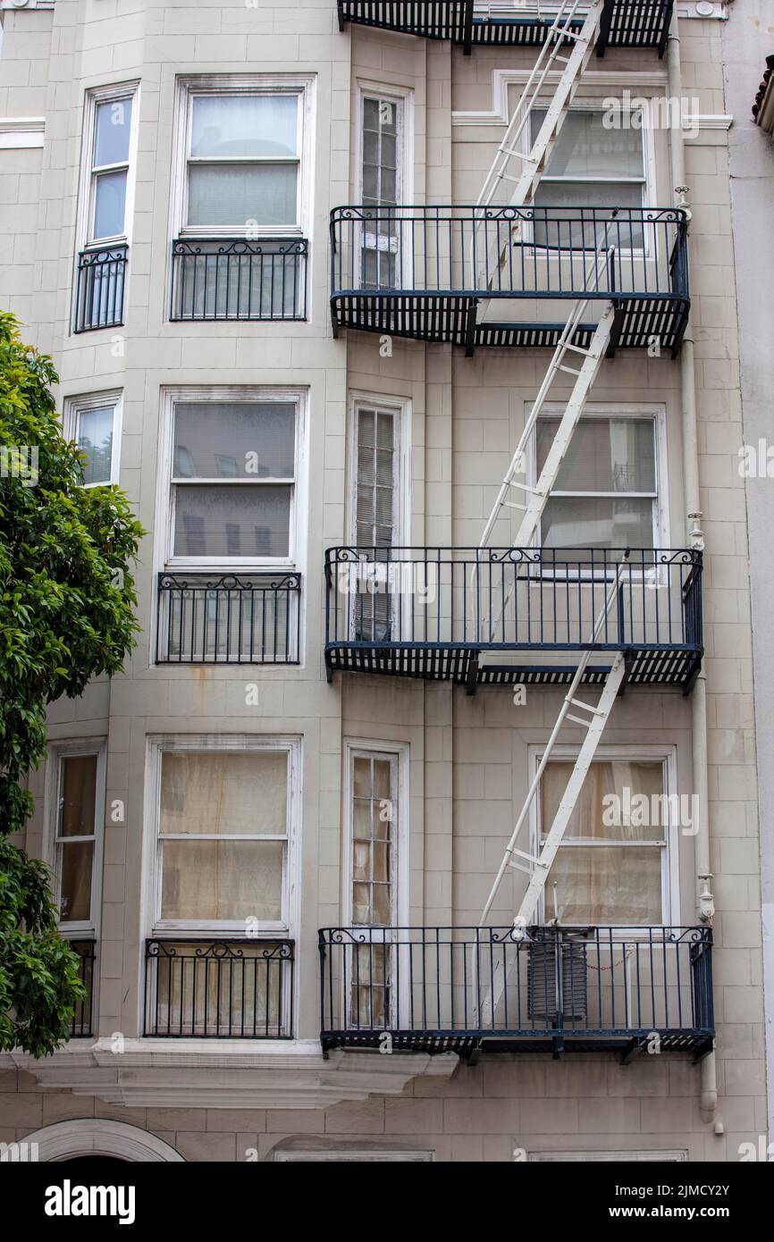 Windows and escape stairs, downtown building, San Francisco, California ...