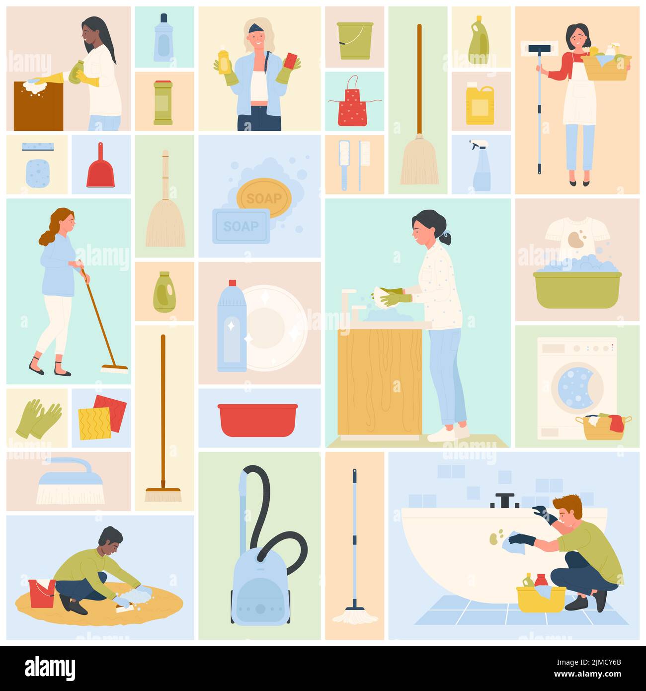 Housekeeping professional staff, tools and equipment set vector ...