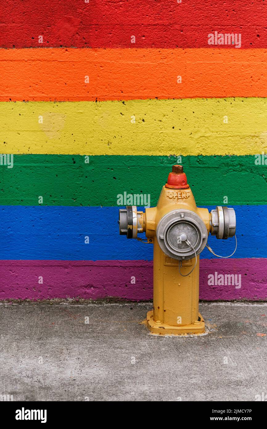 Traditional fire hydrant on street near wall with painted LGBT rainbow ...