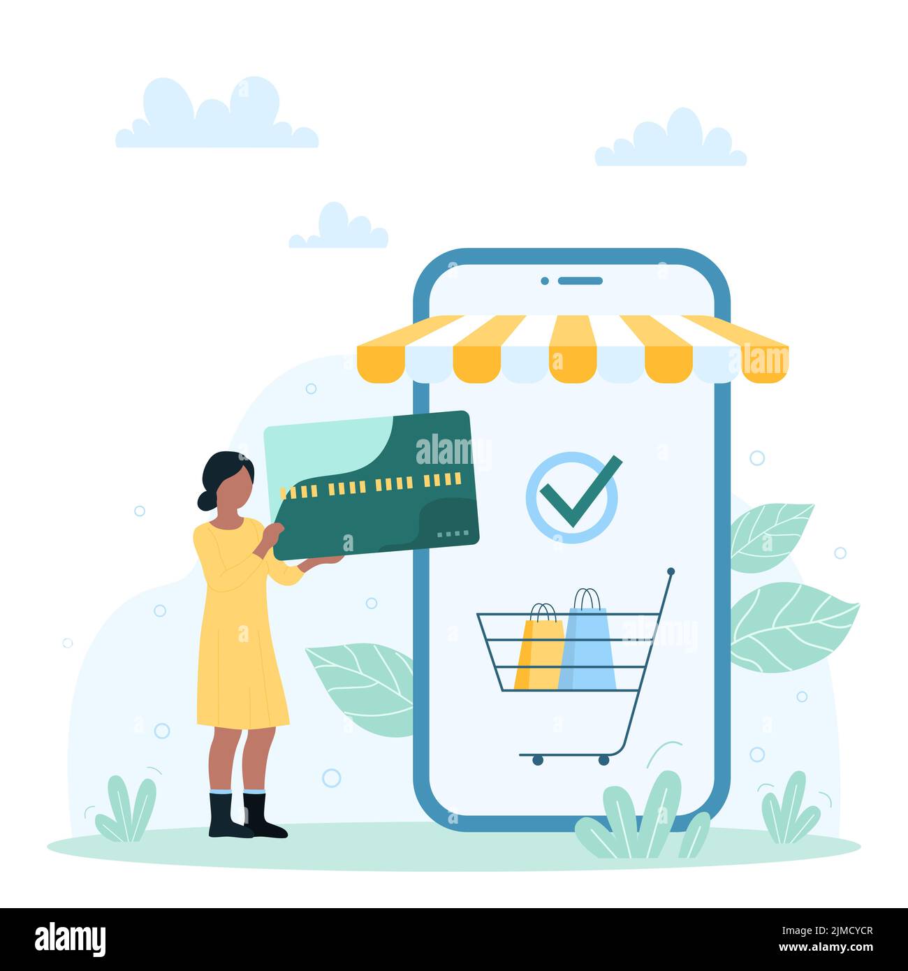 Online shopping service in mobile app vector illustration. Cartoon tiny ...
