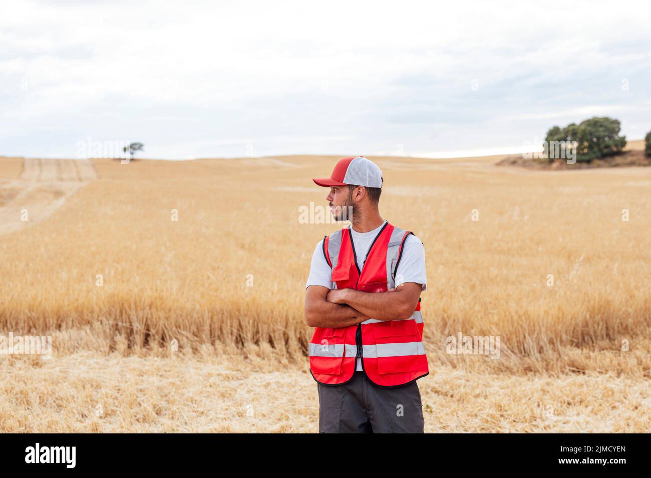 Serious male farmer in uniform standing in agricultural plantation with ...