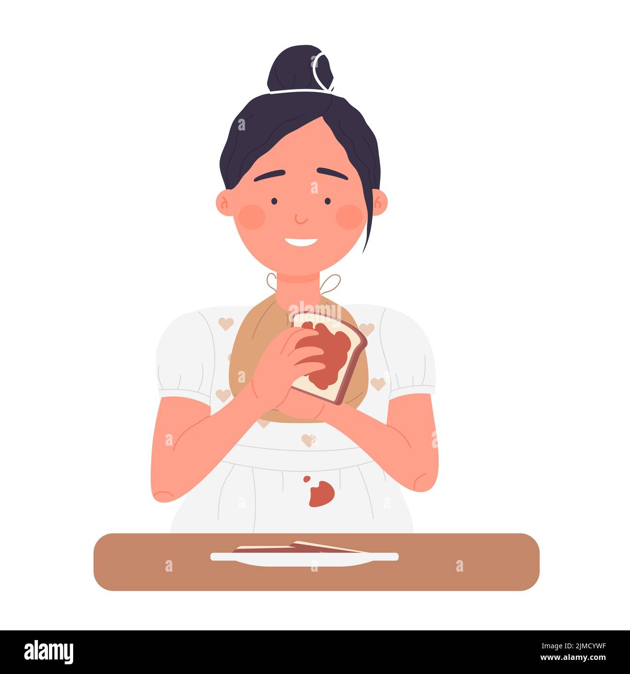 Little girl eating morning sandwich. Children feeding, breakfast food vector illustration Stock ...