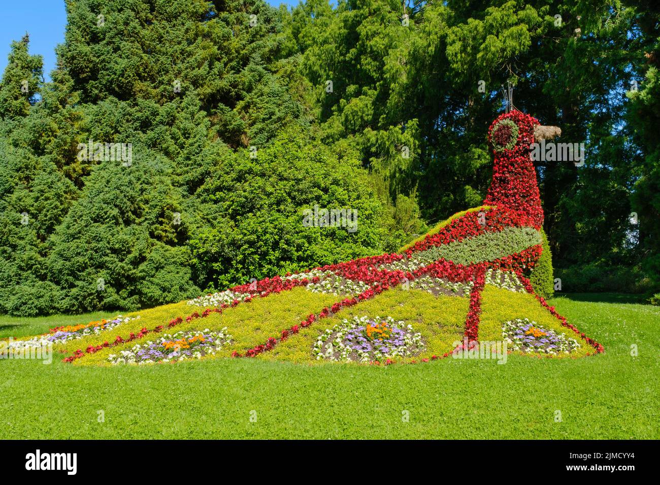 Flower sculpture, peacock, Mainau Island, Lake Constance, Baden ...