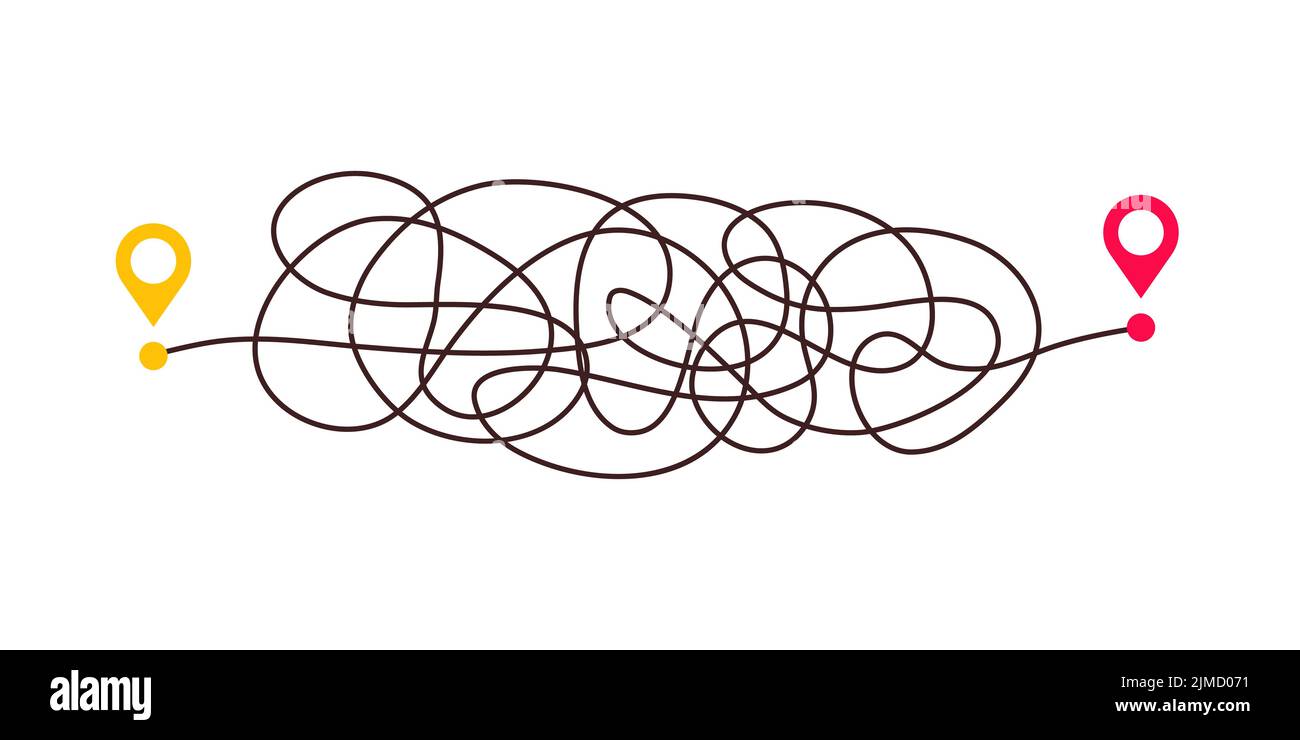 Difficult way, chaos path from point A to B. Complex chaos simplifying ...