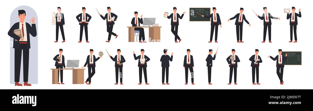 Young male teacher showing different poses and gestures set vector ...