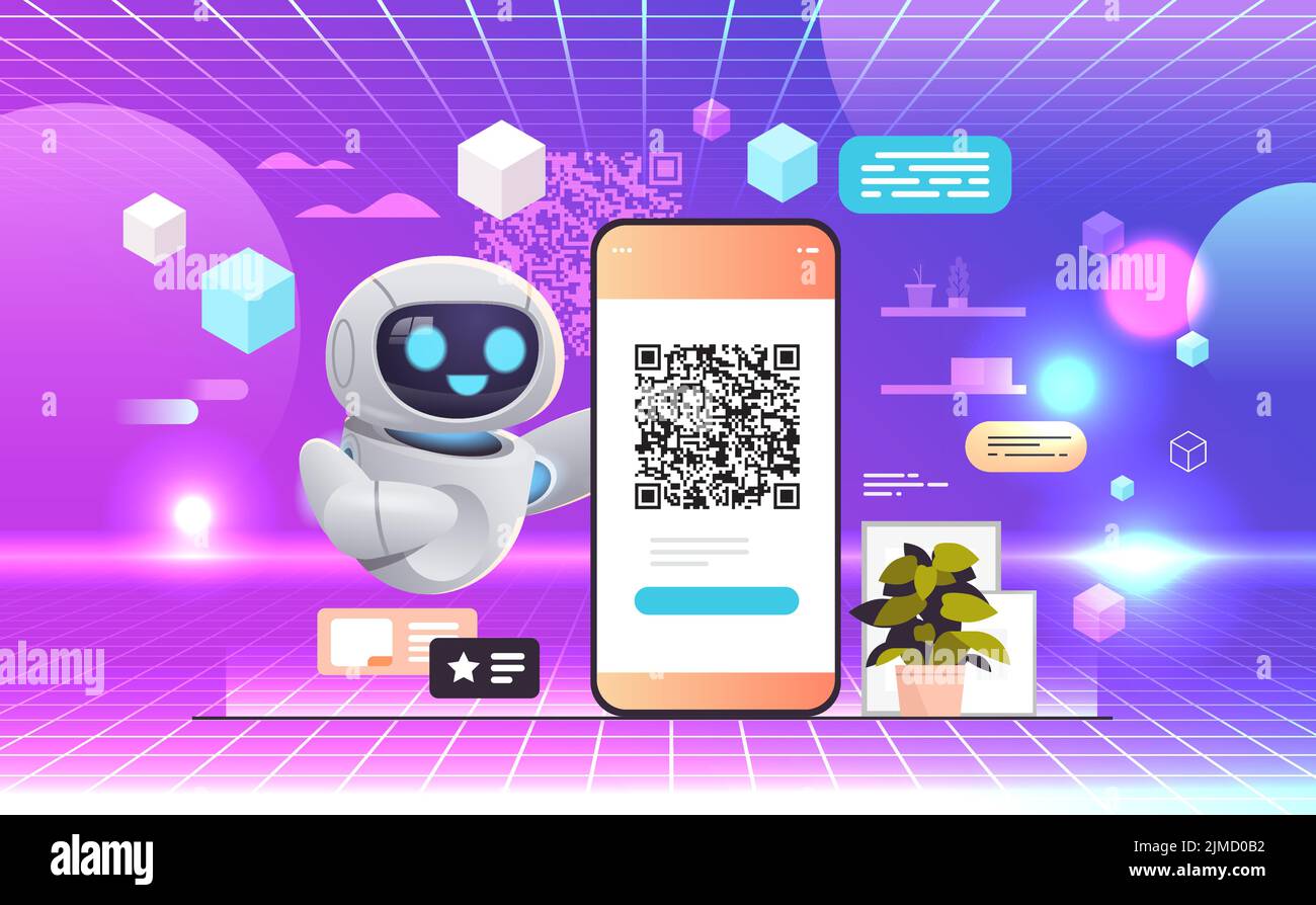 Robot Scanning Qr Code On Smartphone Screen Readable Barcode Verification Artificial