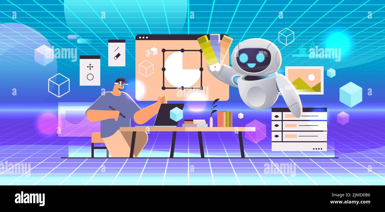robot and designer in virtual reality glasses drawing with pen in ...