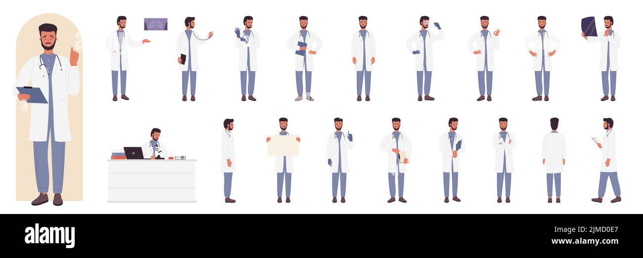 Male doctor character in side, front and back view set vector ...