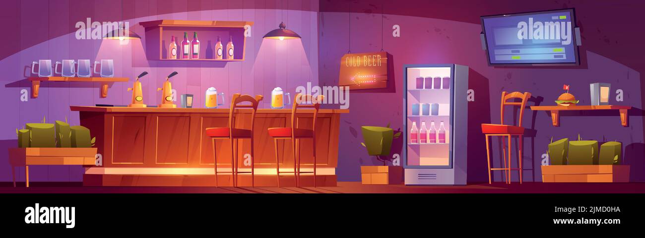 Empty bar interior vector illustration. Cartoon glasses of foamy beer ...