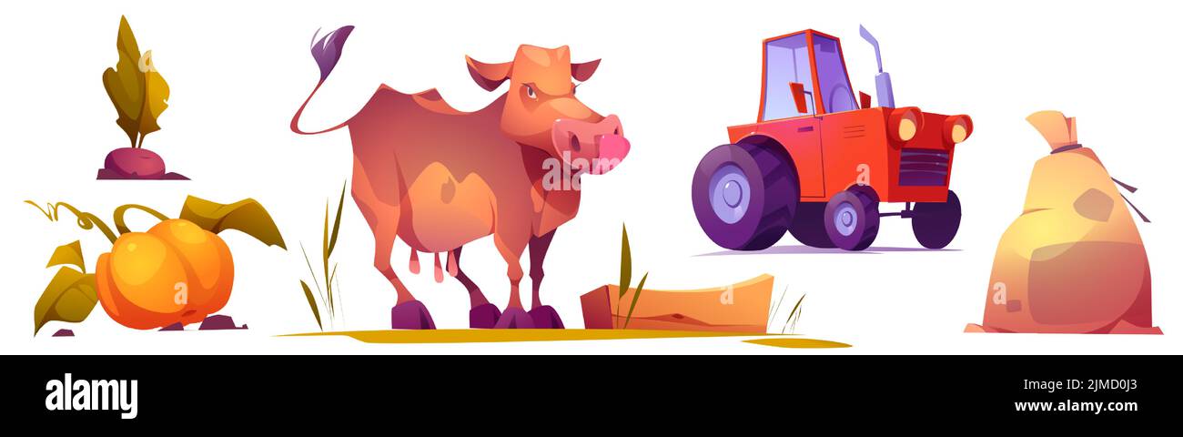 Farm, agriculture and farming items isolated set. Cow, tractor, sack ...