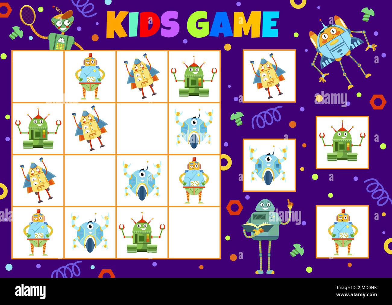Cartoon funny robots, sudoku kids game worksheet and vector tabletop ...