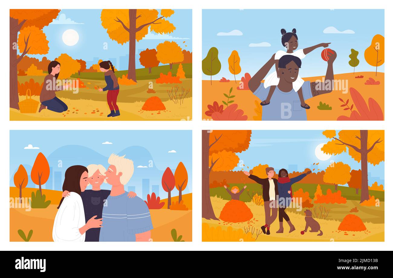 Family people walk in autumn nature park or forest vector illustration ...