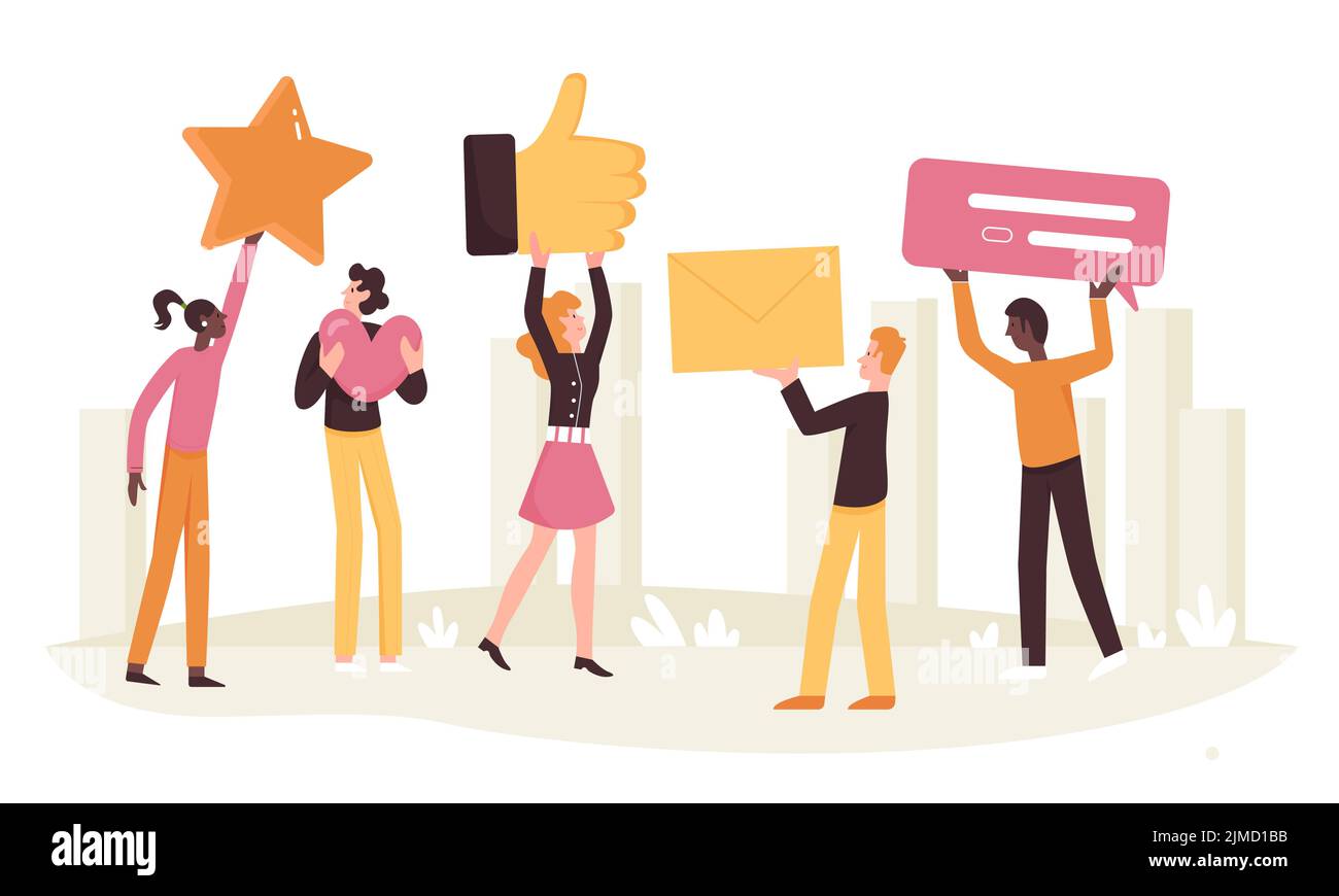 Review online service with customers feedback. Cartoon tiny people ...