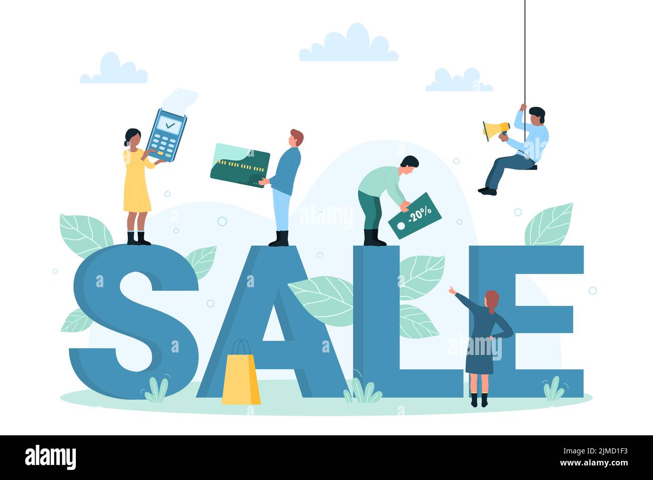 Discounts on sale in retail store vector illustration. Cartoon tiny ...