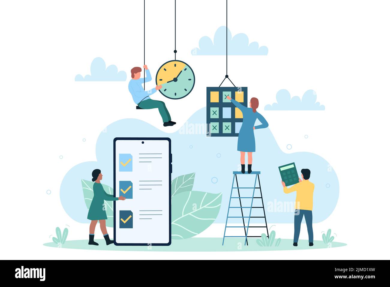 Effective time management and organization process of business team. Cartoon tiny professional ...