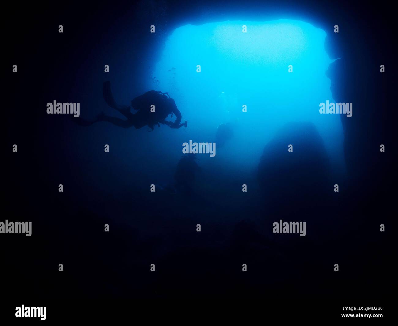 Professional divers swimming near old sunken ship covered with moss on ...