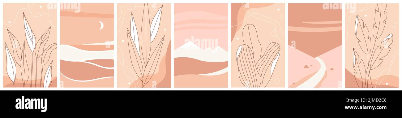 Abstract beige landscapes and floral patterns set vector illustration ...