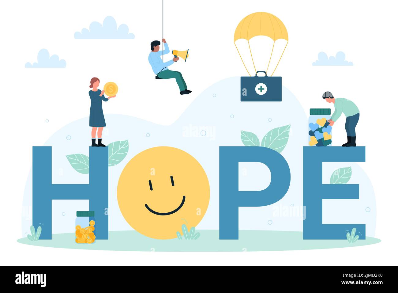 Hope concept banner vector illustration. Cartoon tiny volunteers ...