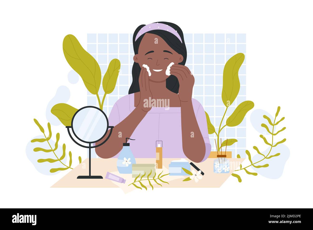 Woman cleansing skin in everyday beauty procedure. Cartoon funny girl ...