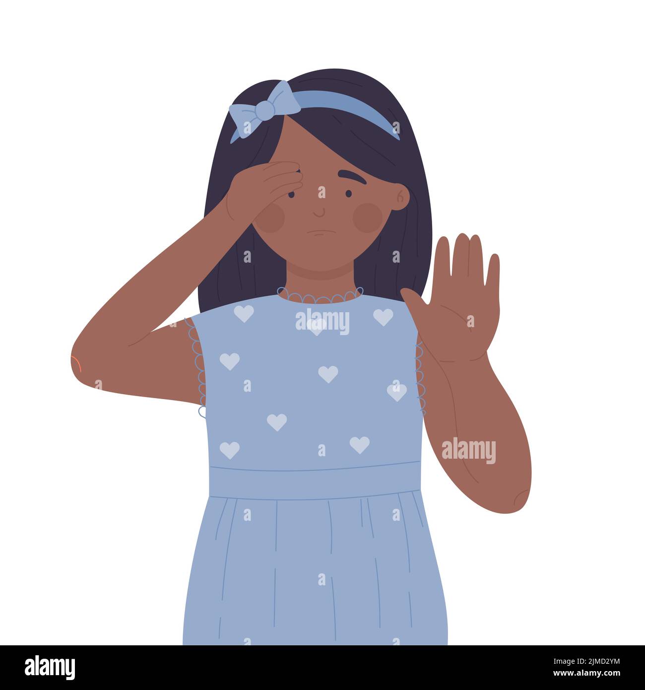 Little girl with stop pose. Kid show warming hand gesture vector ...