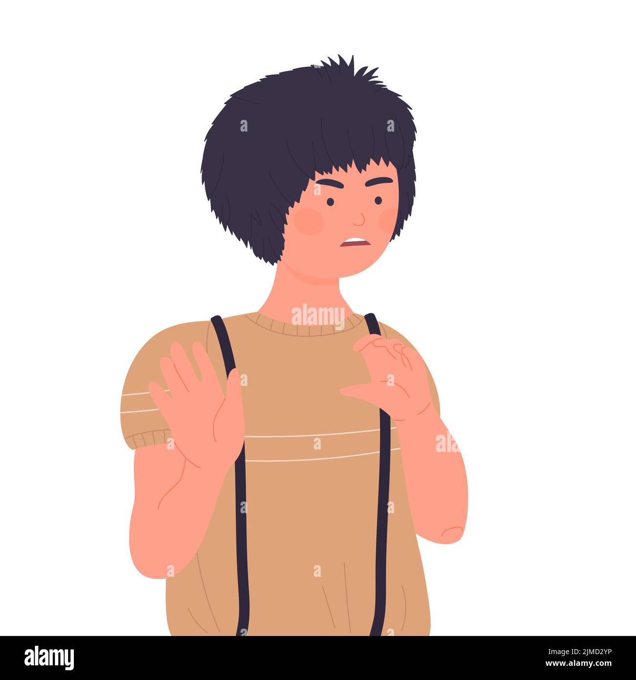Aggressive kid with stop hands gesture. Reject reaction, warning and ...