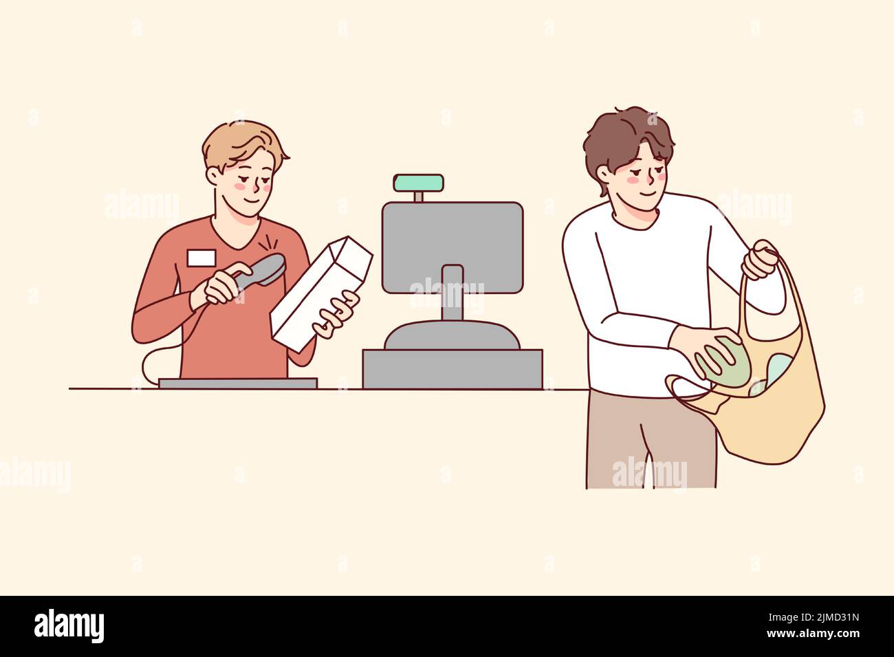 Man buying groceries in supermarket. Cashier beep sell products to male ...