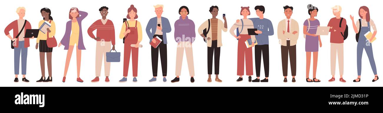 Diverse group of school, college or university students set vector ...