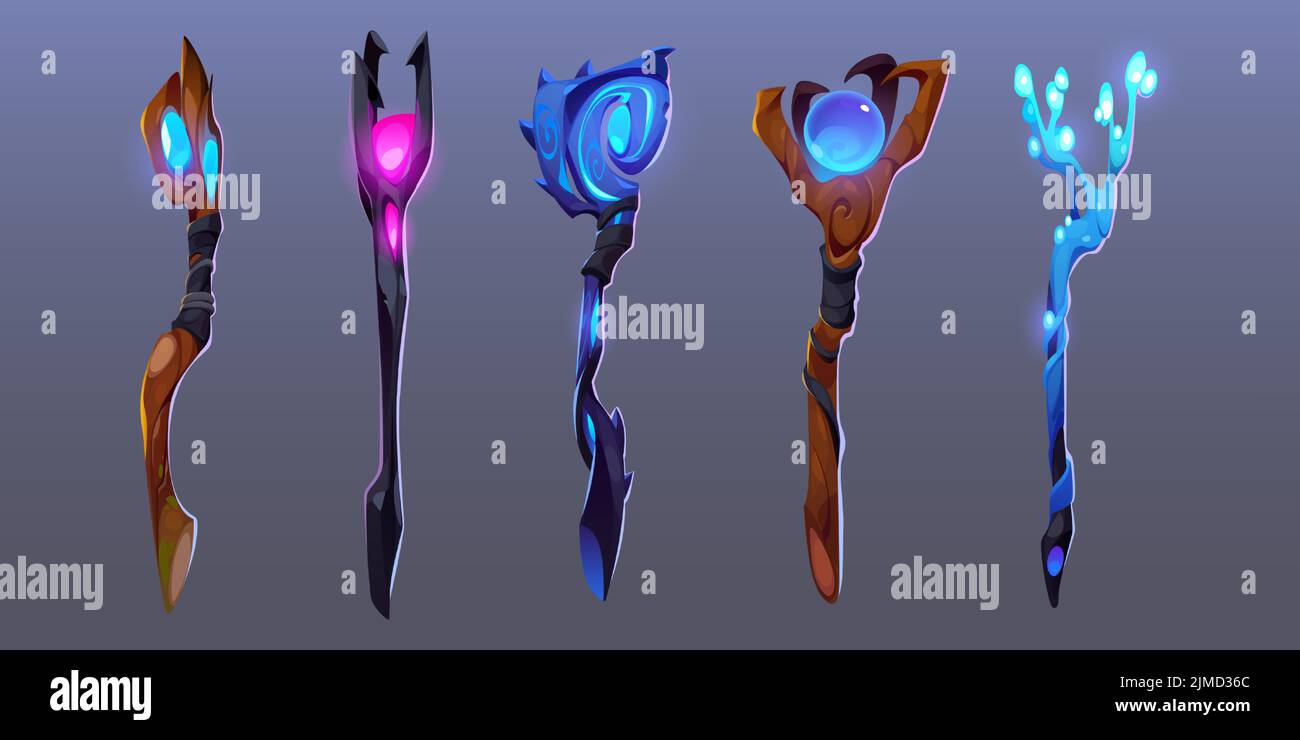 Set of magic staff, wands or walk sticks with glow gems and crystals ...