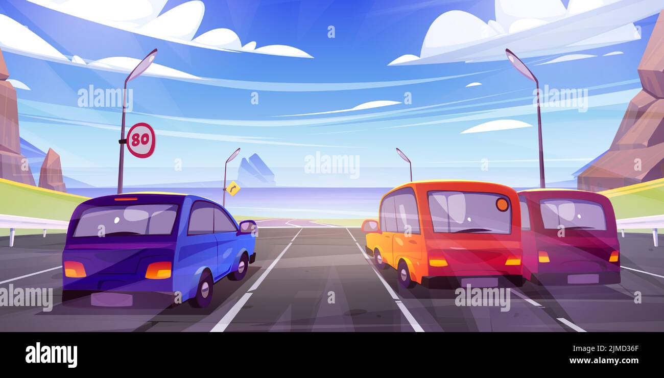 Cars driving at highway rear view, automobiles riding along asphalted ...