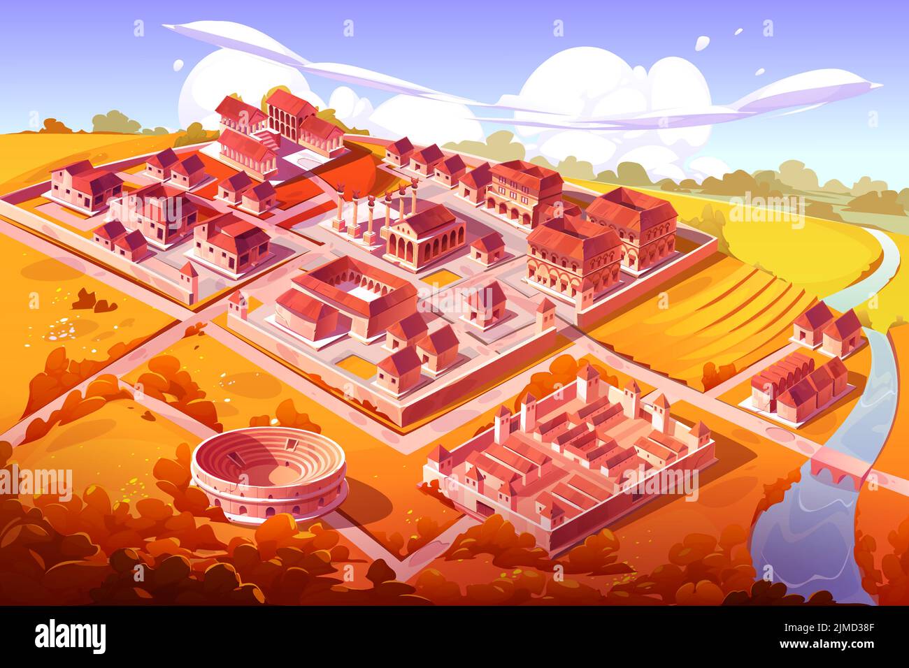 Ancient Rome city, isometric cartoon autumn cityscape Capitol, basilica ...