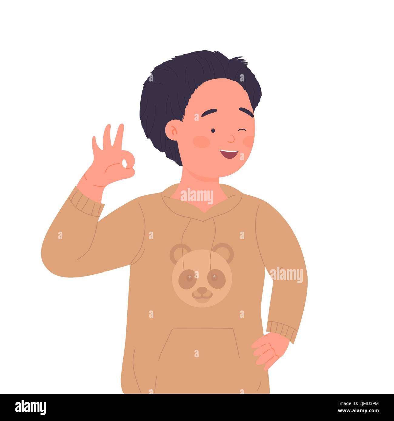Smiling boy showing okay gesture. Happy and cheerful kid in good mood ...