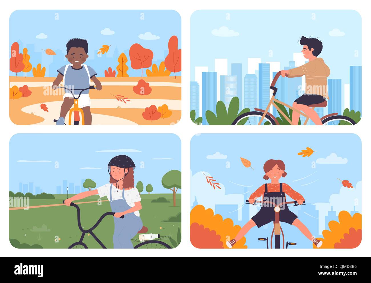 Kids cycling in city park urban landscape vector illustration set ...