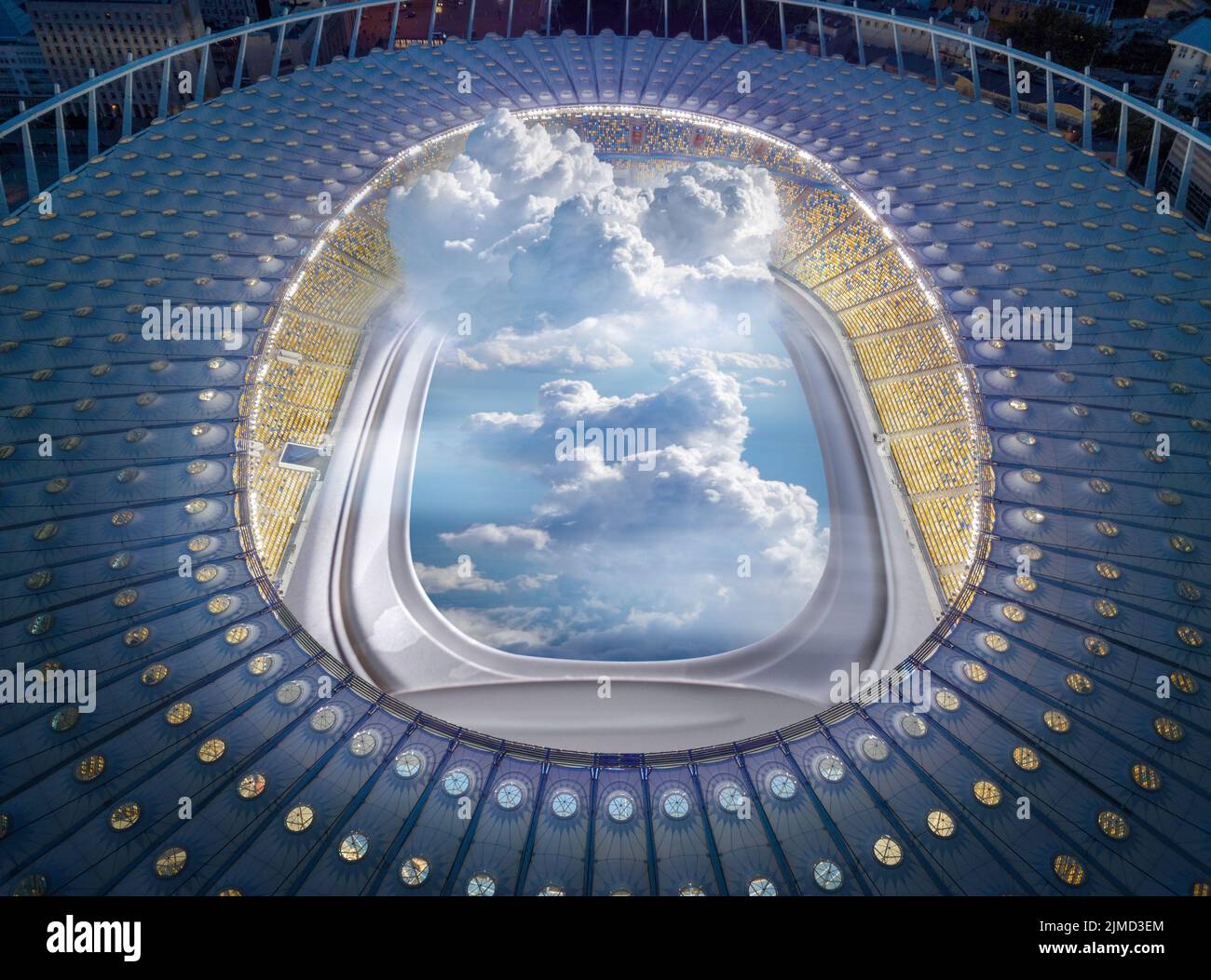 View of stadium structure with porthole and clouds Stock Photo - Alamy