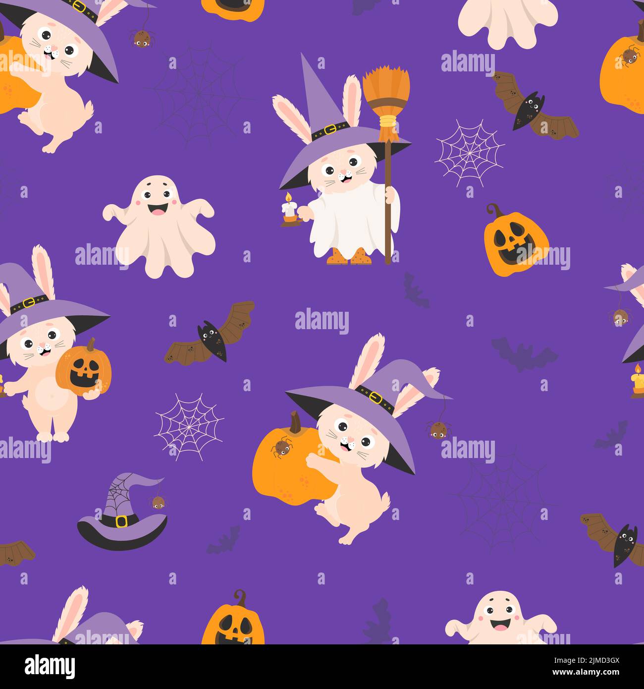 Seamless pattern Halloween. Cute rabbit in witch hat with broom, Pumpkin Jack and funny ghost on ...