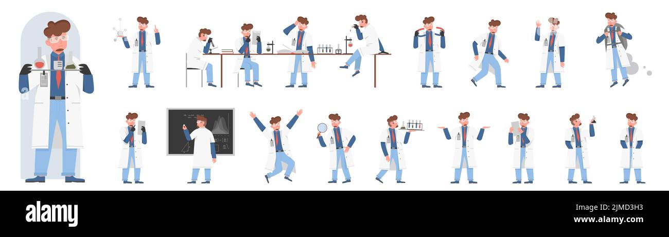 Male scientist poses in side, front and back view set vector ...