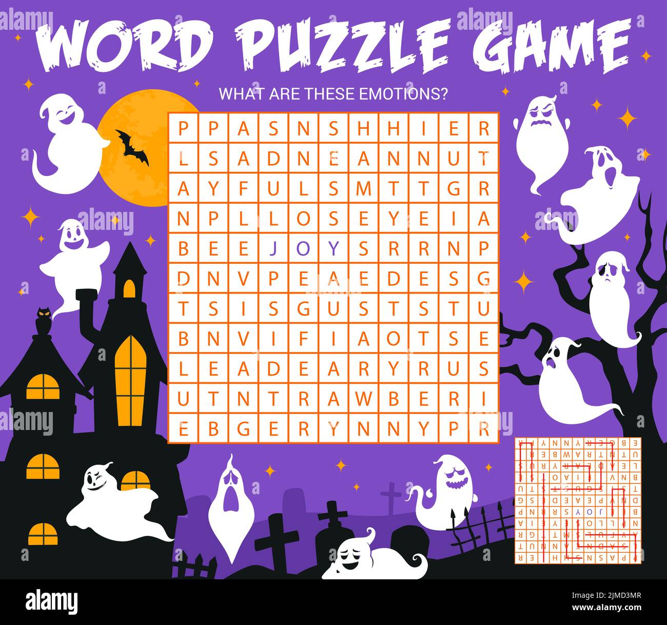 Halloween ghosts on cemetery, word search puzzle game worksheet, vector ...