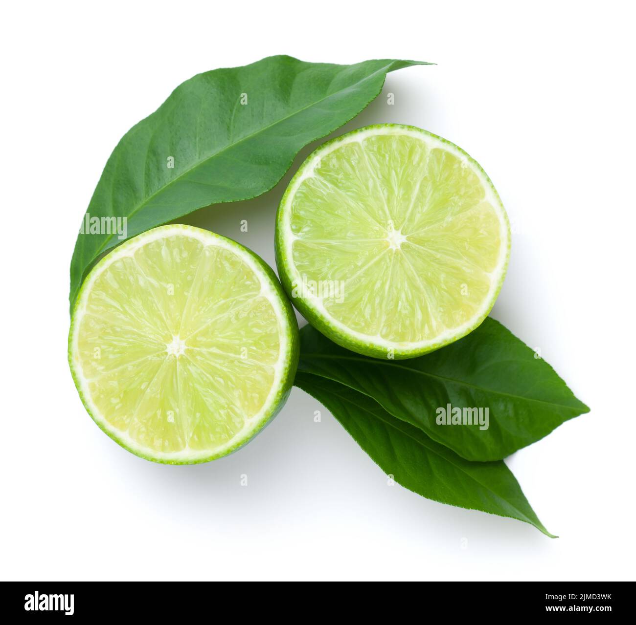 Sliced Limes With Green Leaves Isolated Stock Photo - Alamy