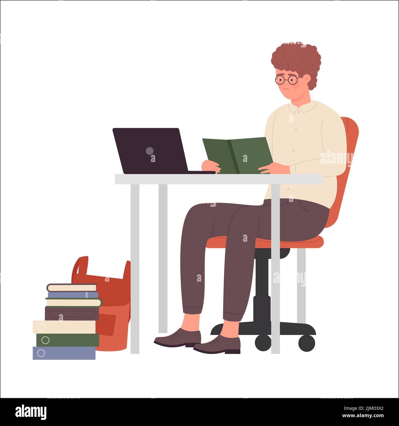 Nerd boy sitting at computer. Smart geek student learning and studying ...