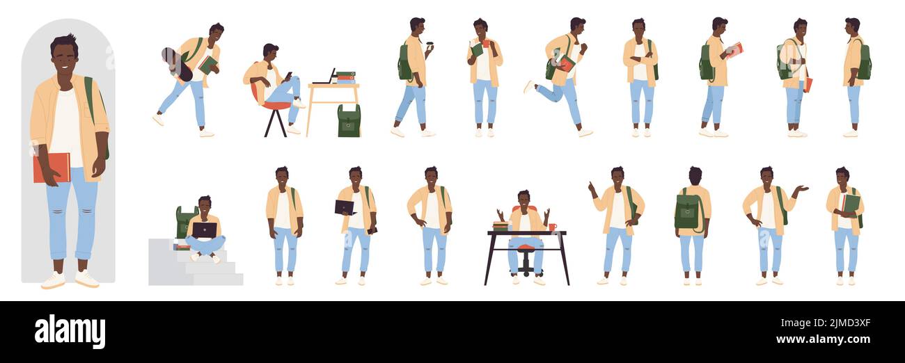 Cartoon school boy teenager sitting at table with laptop and phone to ...