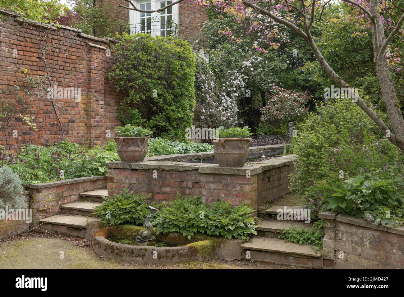 Garden scene with steps and red brick walls in the season of spring ...