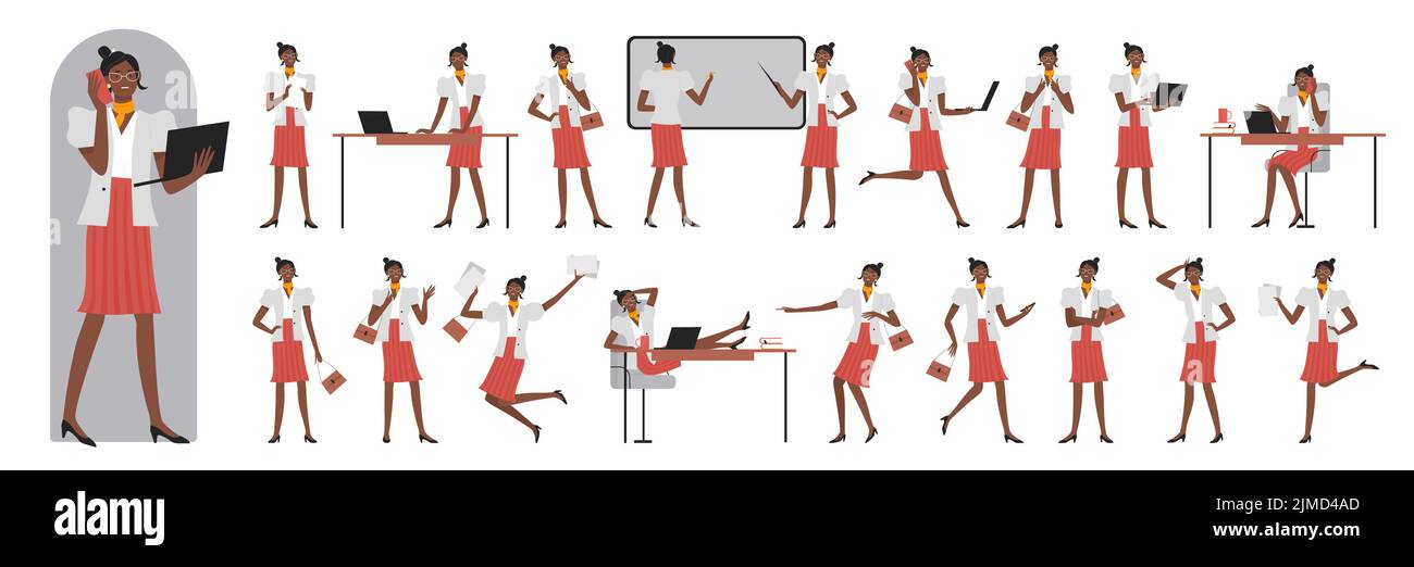Businesswoman character poses set vector illustration. Cartoon woman in ...